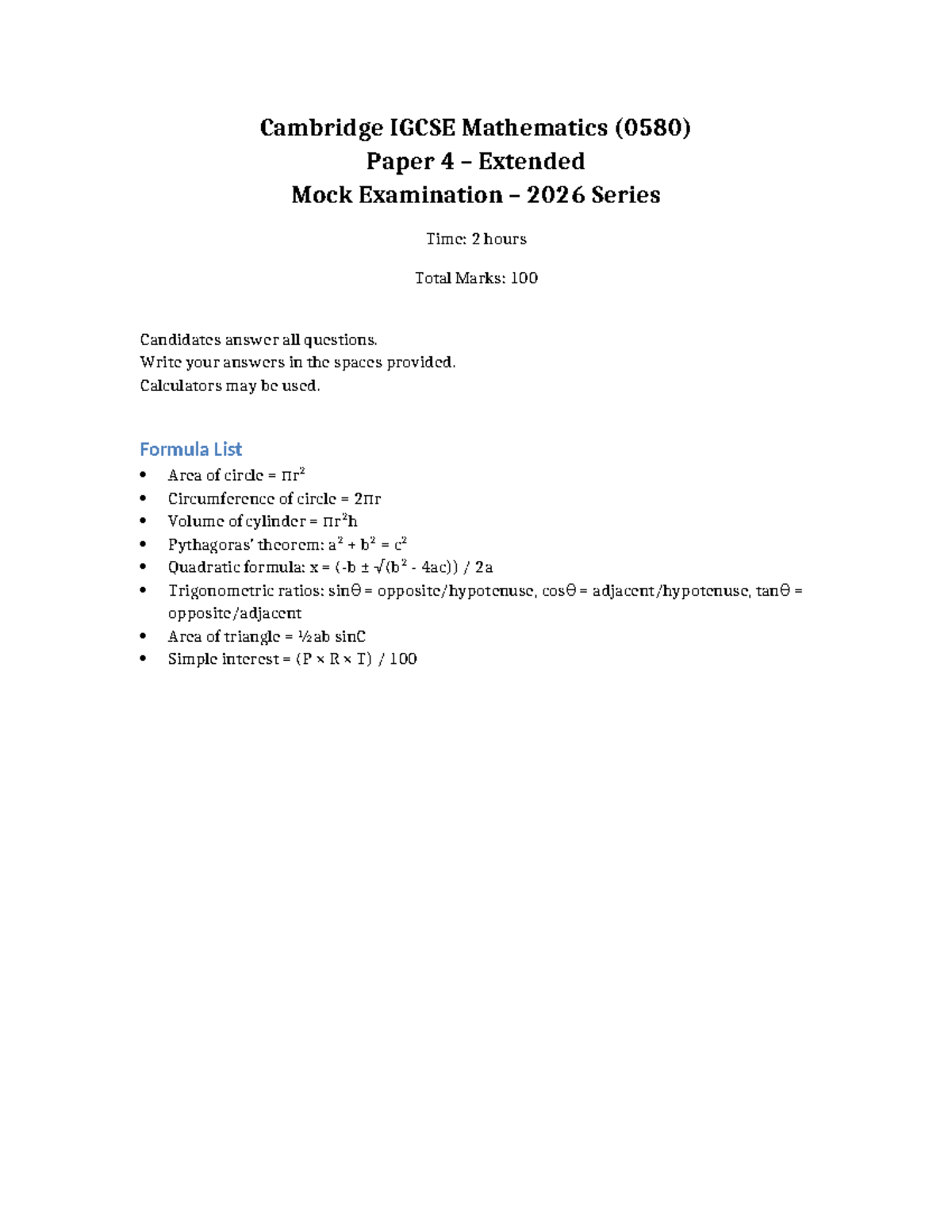 Cambridge IGCSE Mathematics (0580) Paper 4 Extended Mock Exam 2026 ...