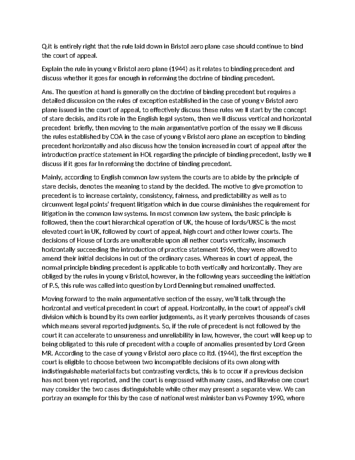 Essay Notes on Vertical Precedent: Young v Bristol Aeroplane Case ...