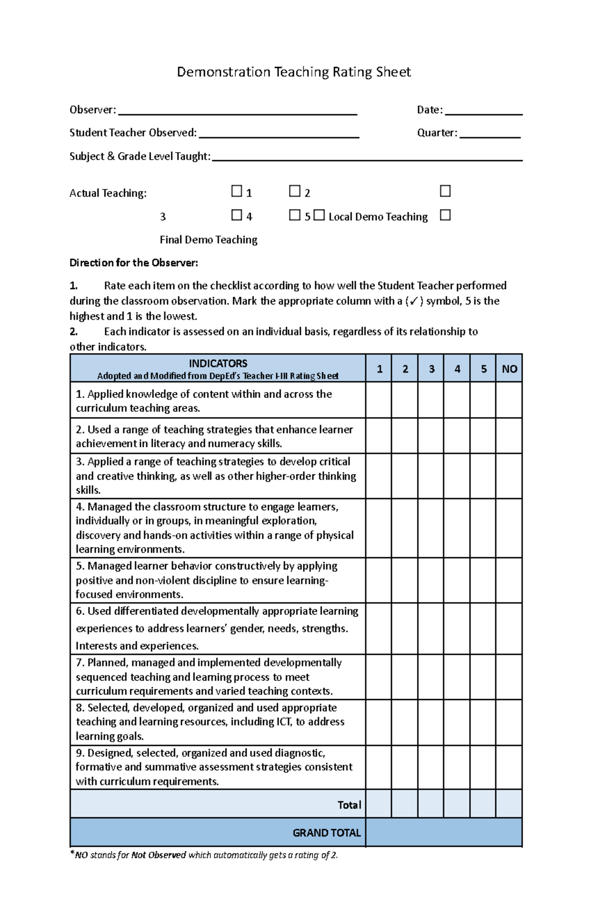 EDU 101: Final Demo Teaching Rating Sheet for Observers - Studocu