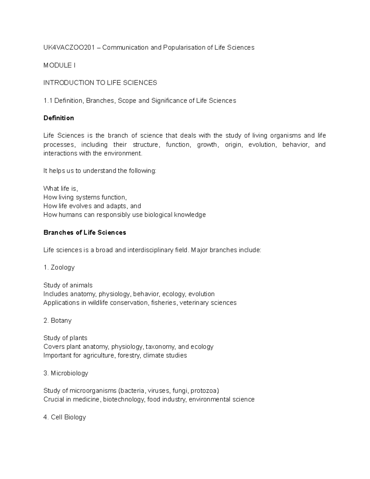 UK4VACZOO201 Module I: Intro to Life Sciences - Definition, Scope ...