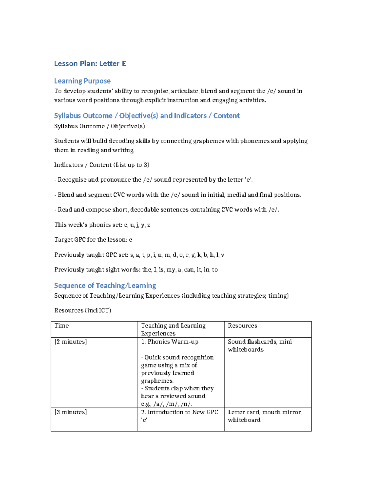 Final Lesson Plan: Letter E - Phonics & Decoding Skills Development ...