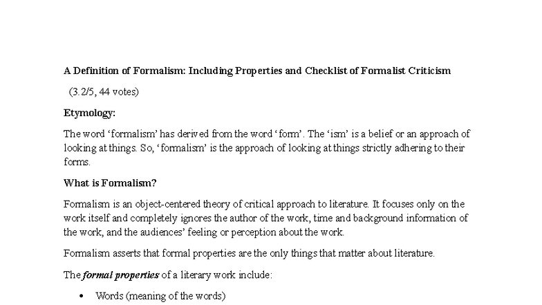 Formalism in Literature: Properties & Criticism Checklist - Studocu