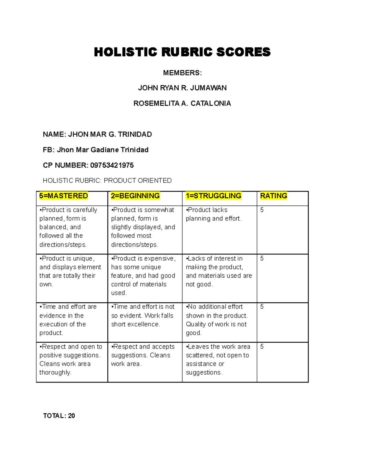 15 Graded Holistic Rubrics ( Results) - HOLISTIC RUBRIC SCORES MEMBERS ...