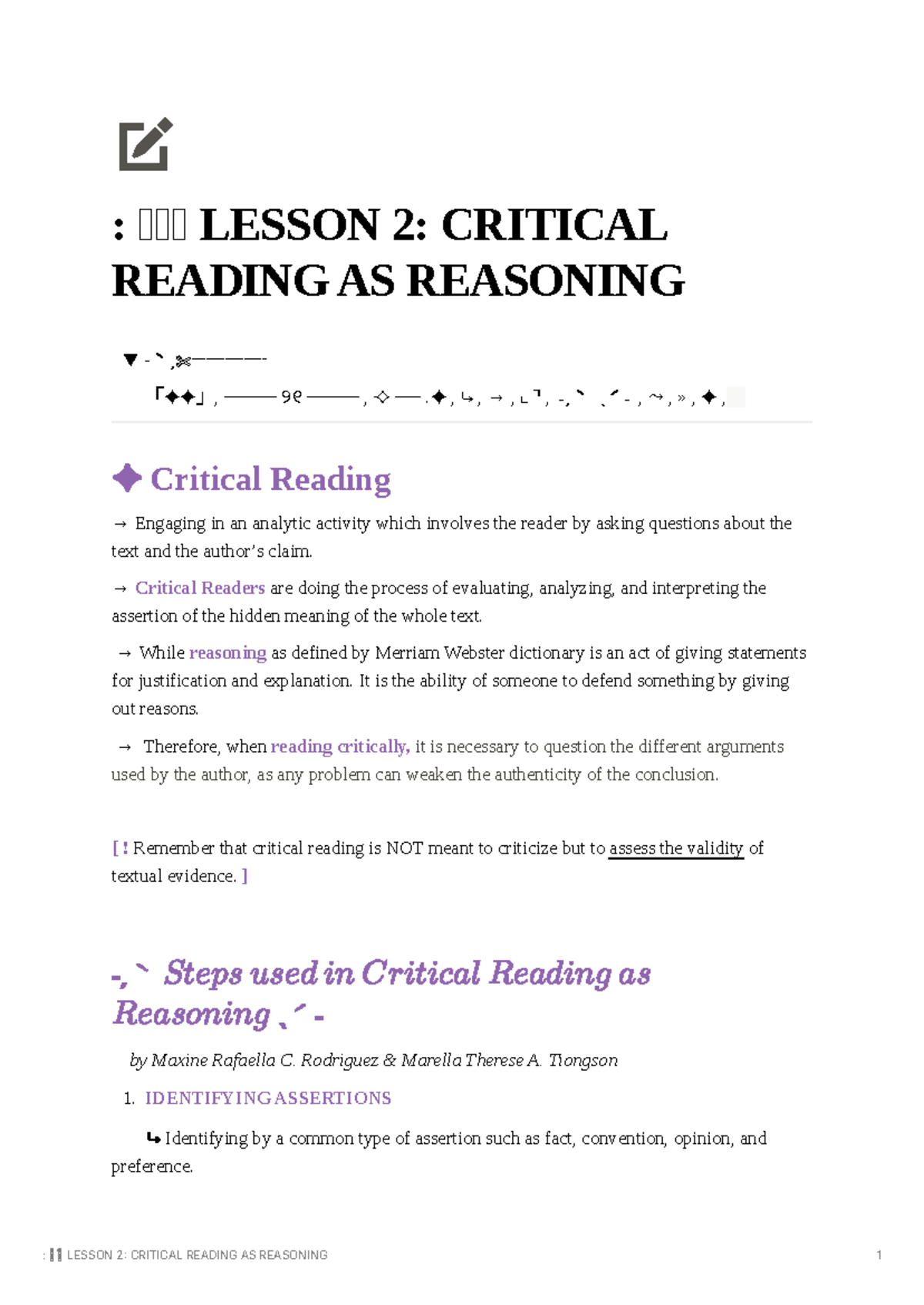 Lesson 2 Critical Reading As Reasoning - : LESSON 2: CRITICAL READING ...