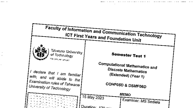 Semester Test 1 Memo: Computational & Discrete Math (ICT) - Studocu