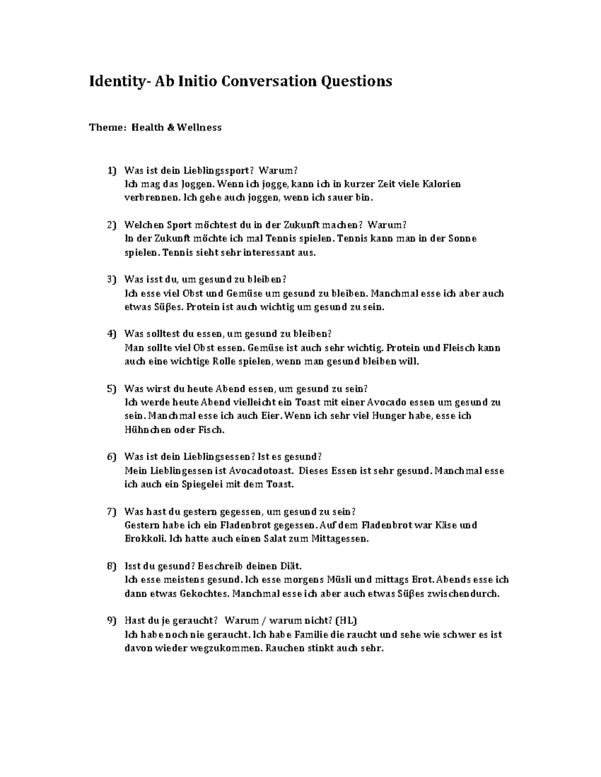 Cheat Sheet for German - Identity- Ab Initio Conversation Questions ...