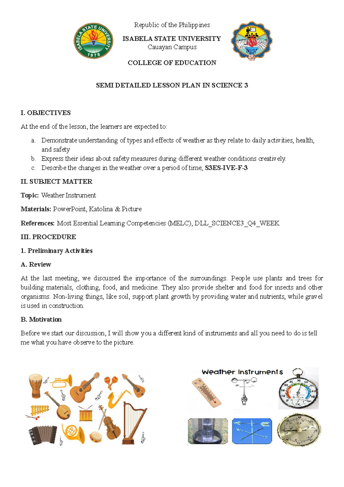 SCI 3 - Lesson Plan on Weather Instruments and Safety Measures - Studocu