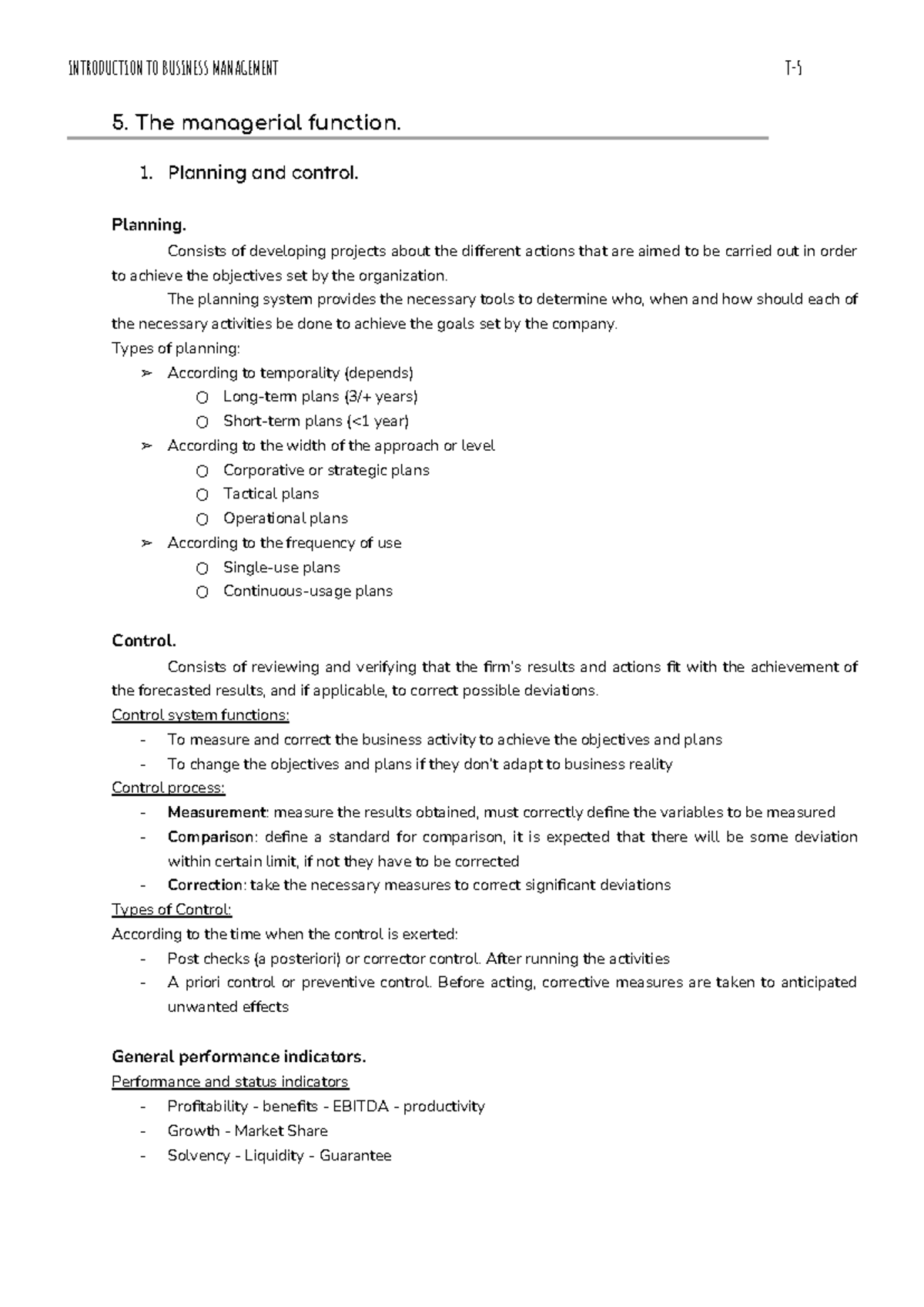 Business Management 5: Managerial Functions in Planning & Control - Studocu