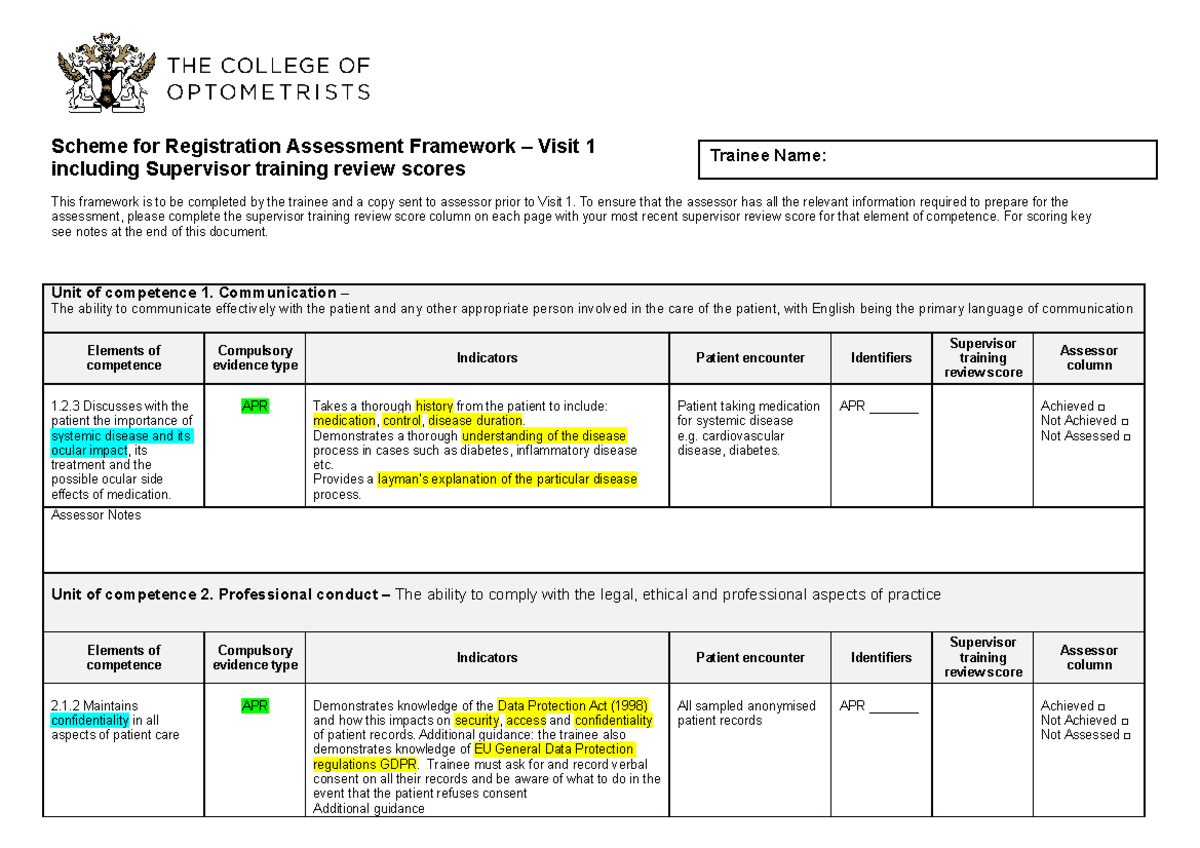 Visit 1 framework - 2022 - Scheme for Registration Assessment Framework ...
