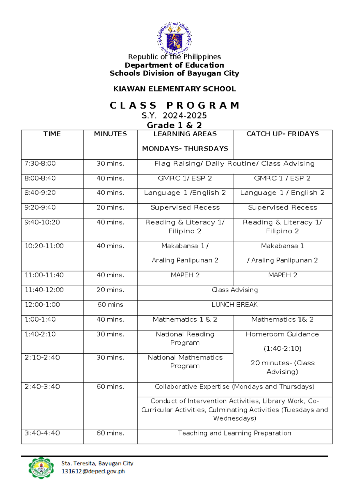 MG Matatag Class Program for Grades 1 & 2 - S.Y. 2024 Overview - Studocu