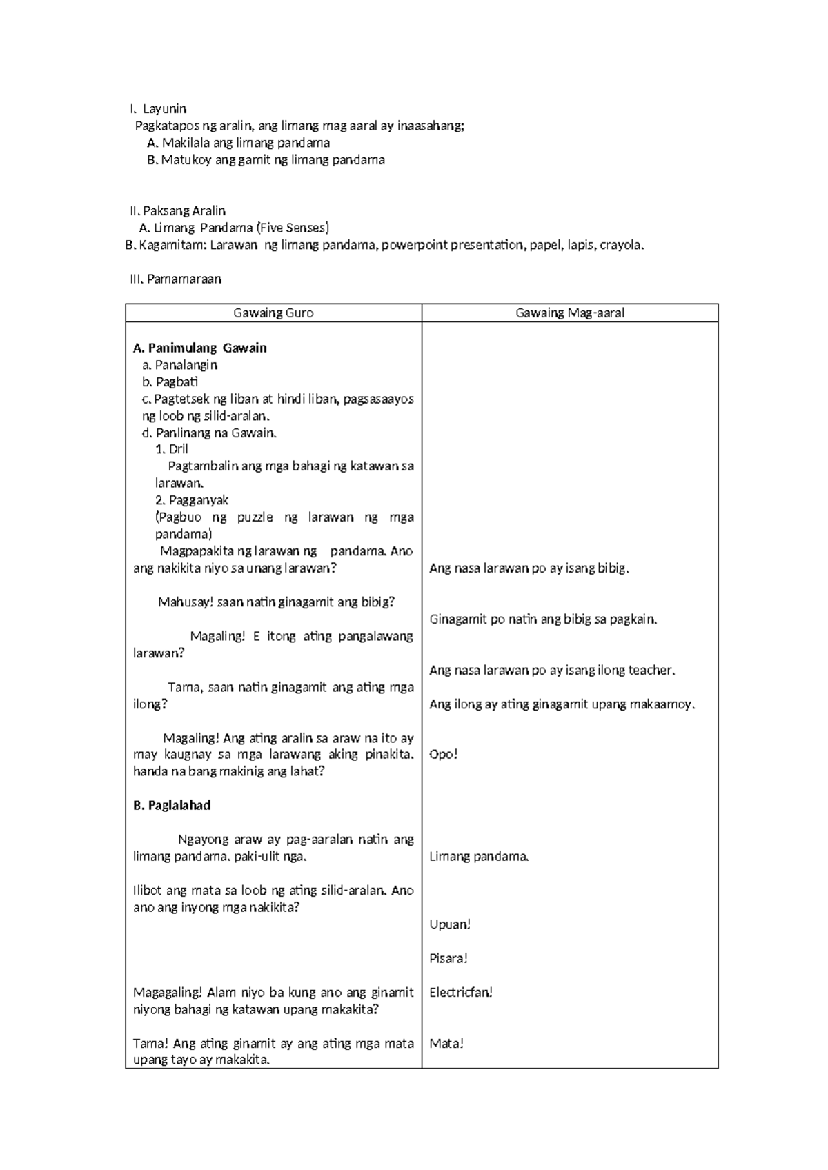 716907401 Detailed Lesson Plan on Limang Pandama (Five Senses) - Studocu