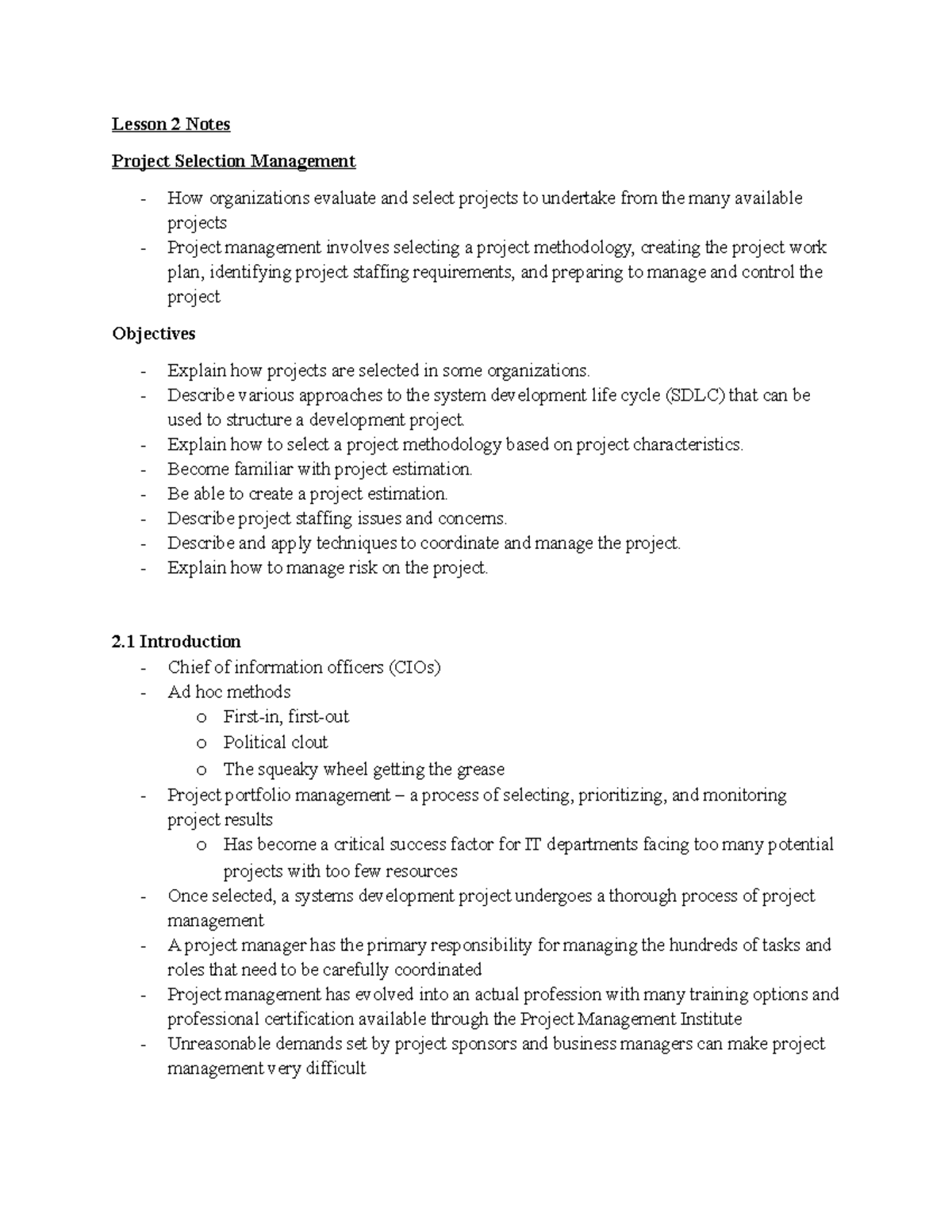 Lesson 2 Notes: Project Selection Management (Course Code: PM101) - Studocu