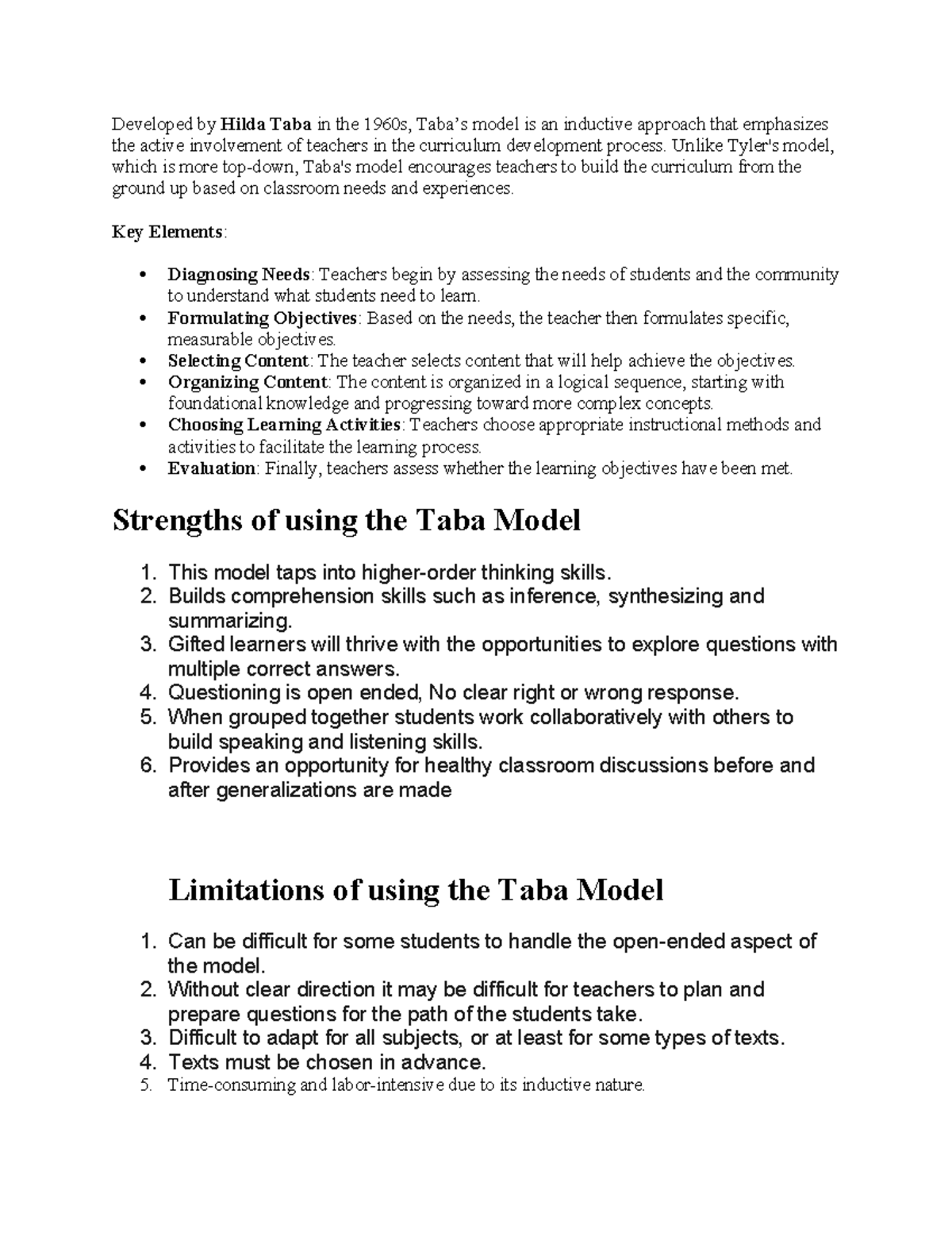 Hilda Taba Curriculum Model: An Inductive Approach to Development - Studocu