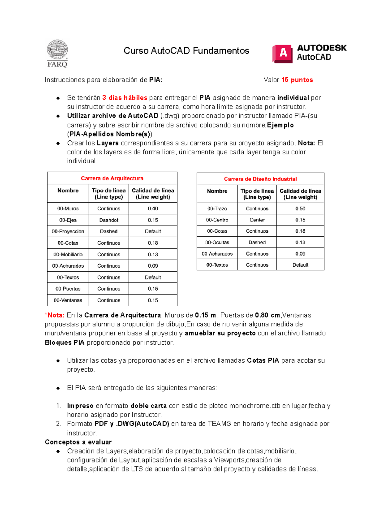 Instrucciones PIA: AutoCAD para Proyecto de Layers y Ploteo - Studocu