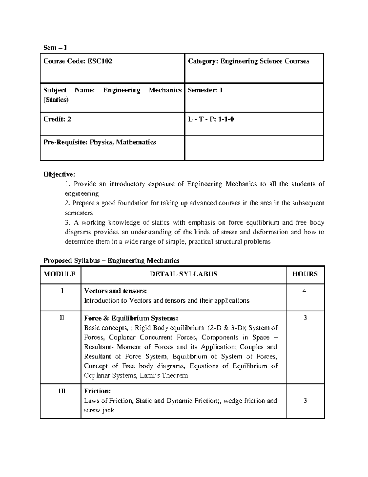 ESC102 Engineering Mechanics (Statics) Syllabus Overview - Sem 1 - Studocu