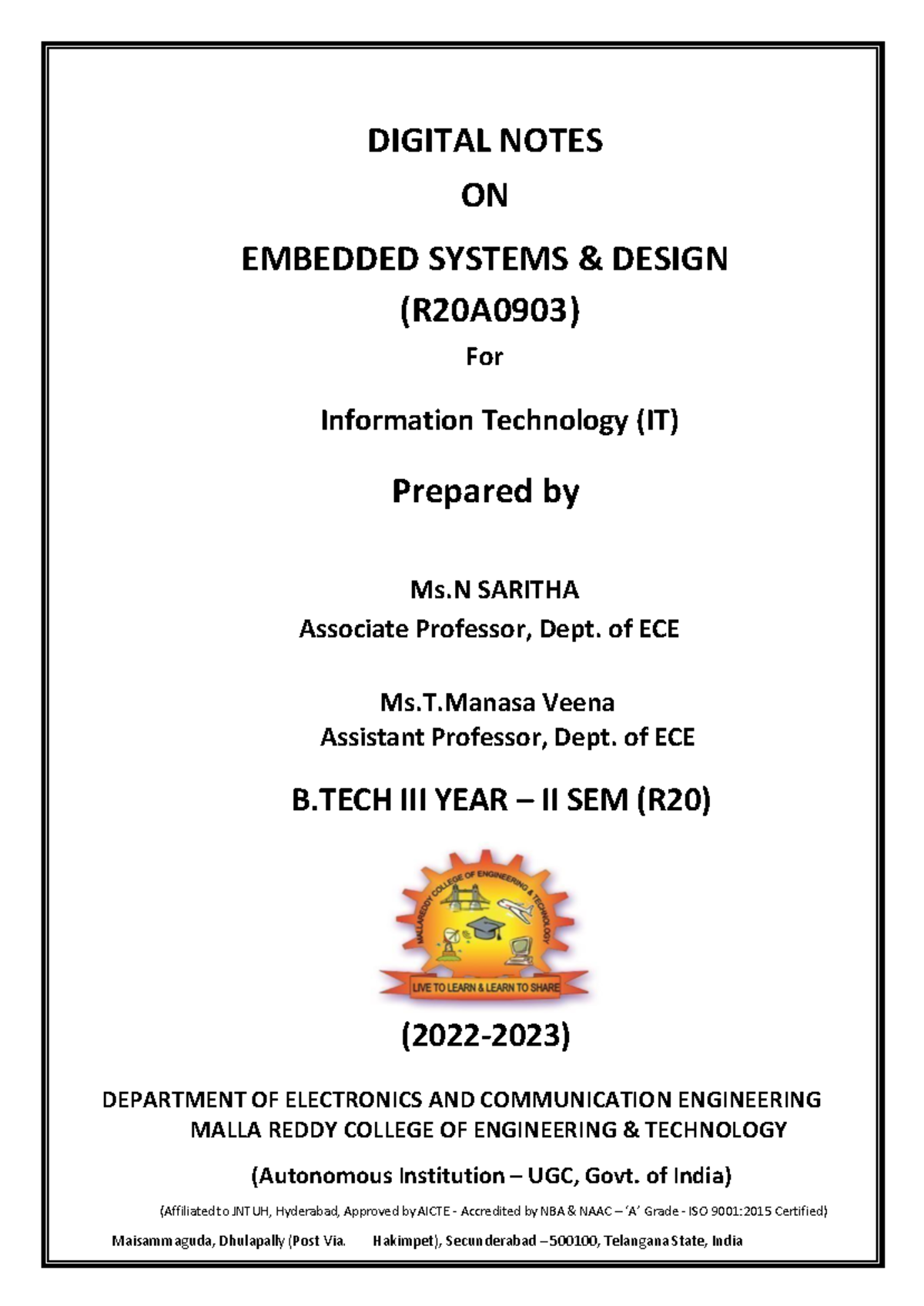 DIGITAL NOTES ON EMBEDDED SYSTEMS DESIGN (R20A0903) - ECE 2nd Sem - Studocu
