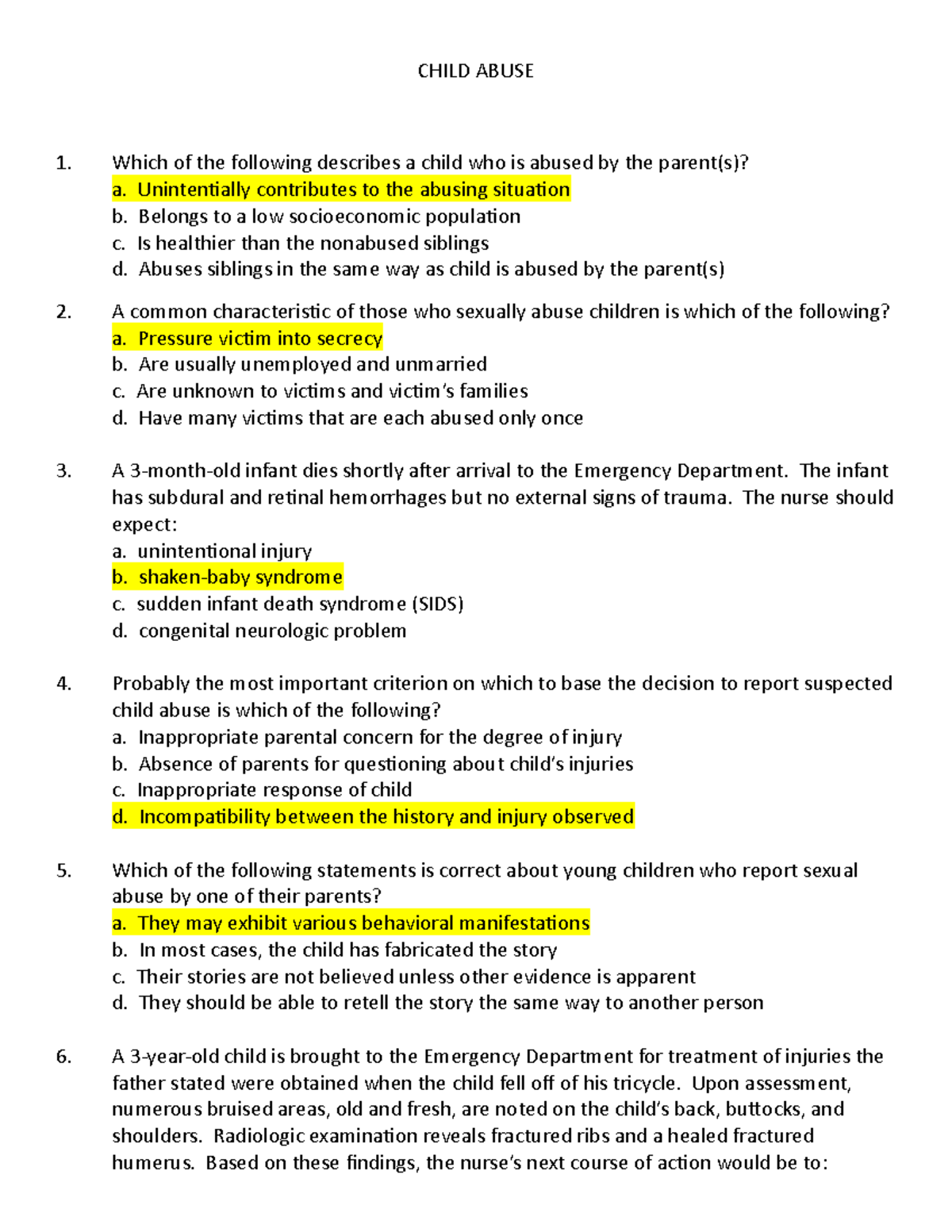 Child Abuse Quiz - Answer Key and Explanations - Studocu