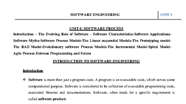 SE-UNIT1: Software Engineering Process and Models Overview - Studocu