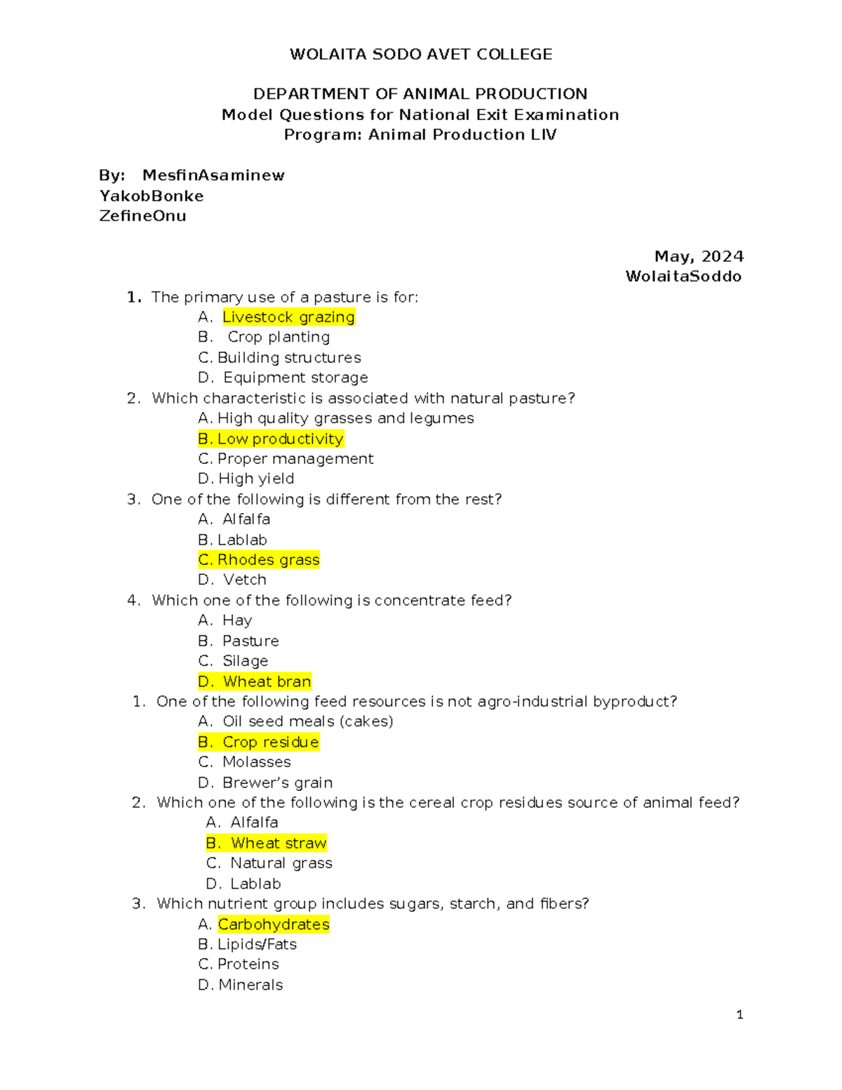 Animal Science Exit Exam Model Questions and Rationale 2016 - Studocu