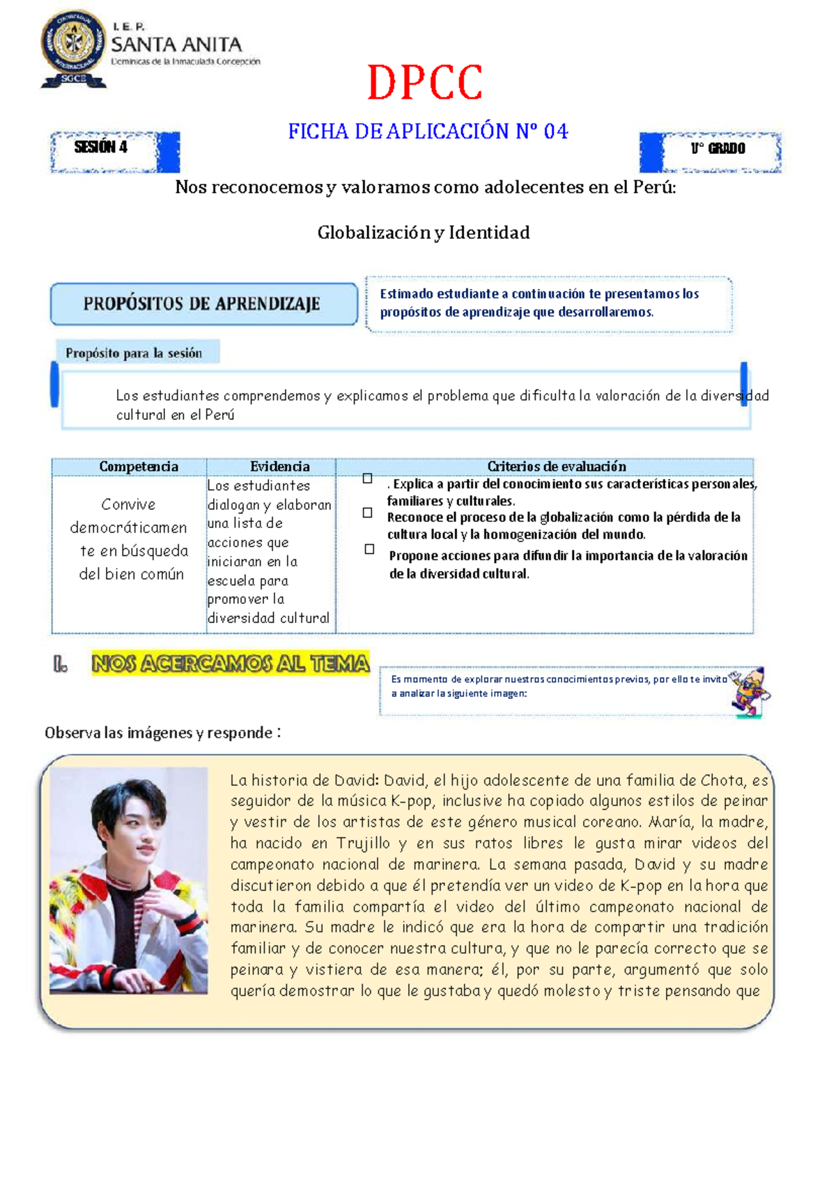 Ficha DE Aplicación 04 DPCC V - DPCC FICHA DE APLICACIO N N° 04 Nos reconocemos y valoramos como ...