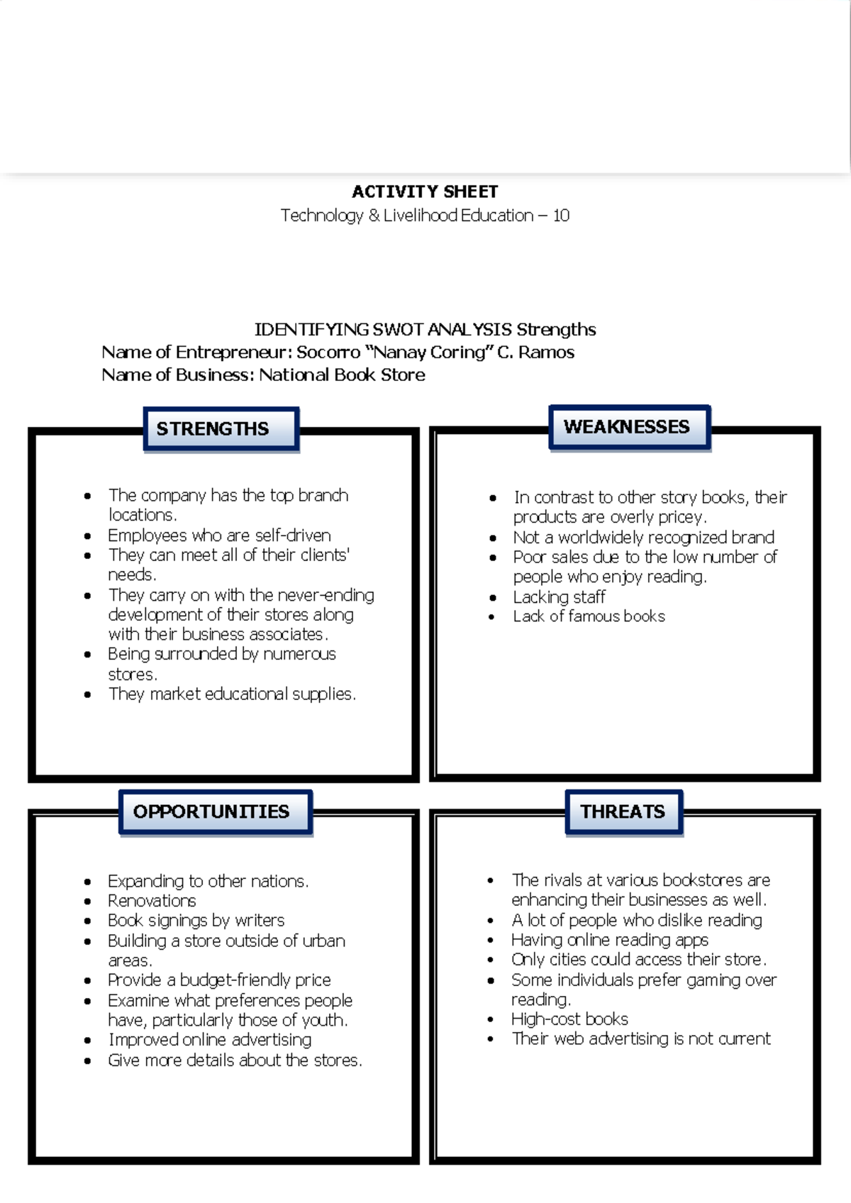 TLE-10 Activity Sheet: SWOT Analysis of National Book Store - Studocu