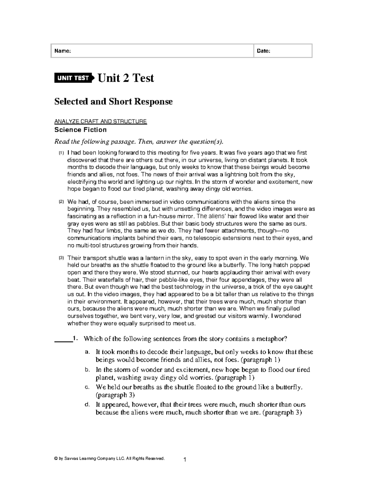 Grade 7 Unit 2 Test: Analyzing Craft, Structure, and Language Skills ...