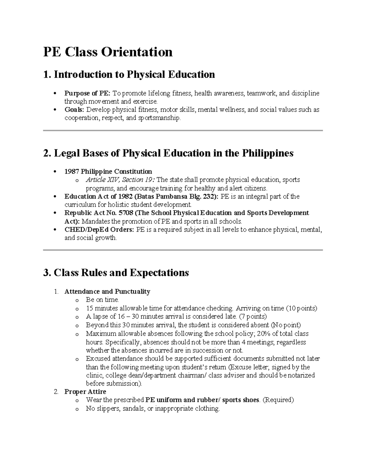 PE 101: Class Orientation, Rules, and Grading System Overview - Studocu