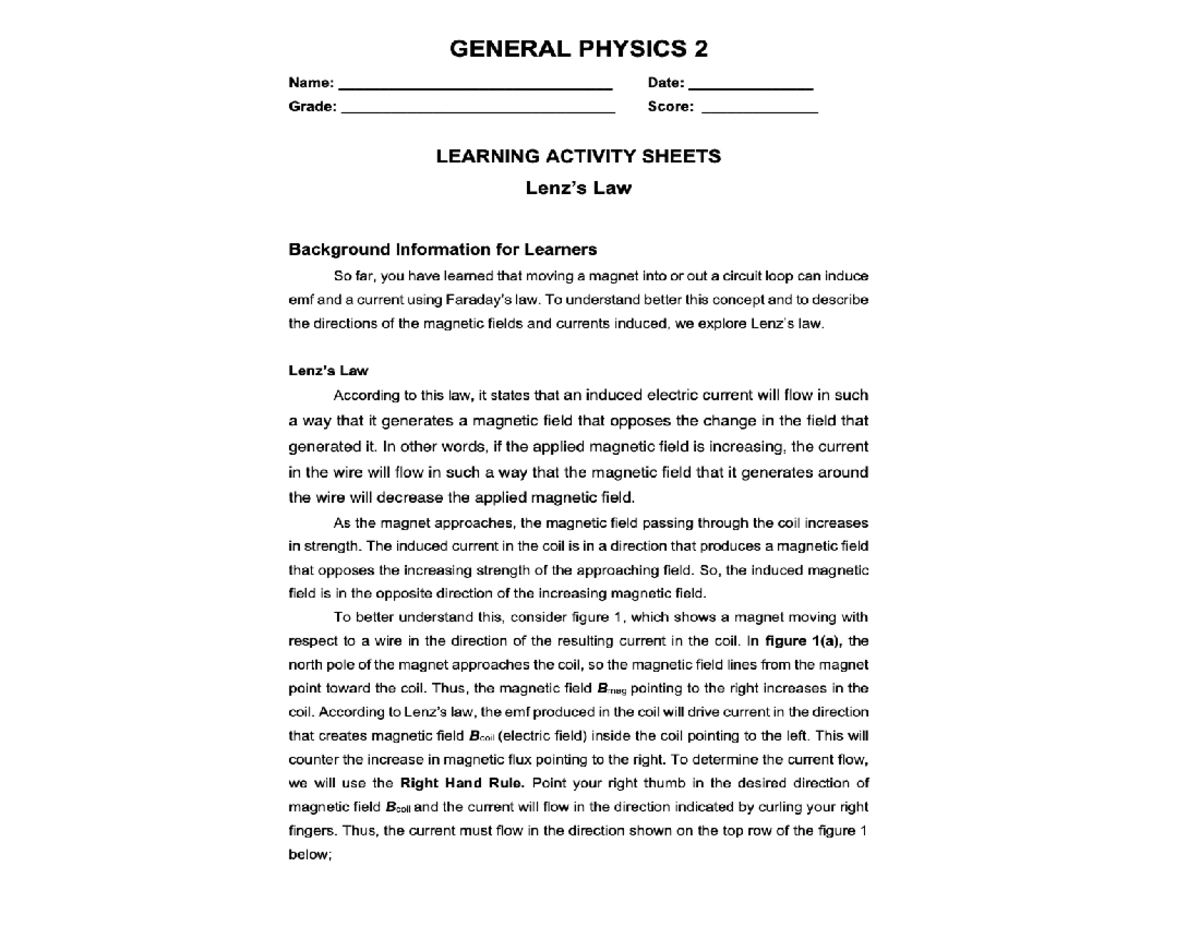 LAS-4 - p66 - GENERAL PHYSICS 2 Name: Date: Grade: Score: LEARNING ...