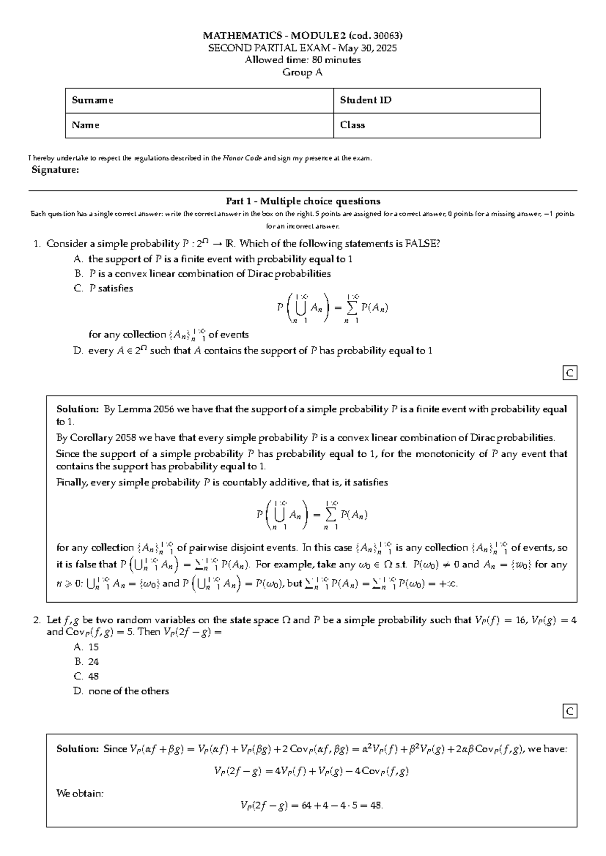MATHEMATICS MODULE 2 (cod. 30063) SECOND PARTIAL EXAM - May 30, 2025 ...