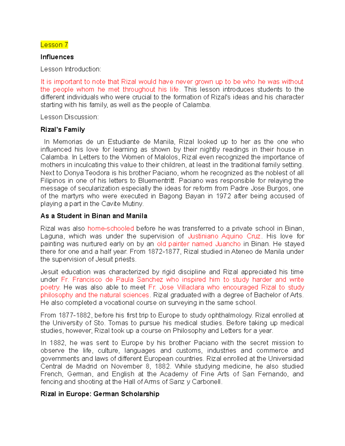 Rizal- Lesson 7- Influences - Lesson 7 Influences Lesson Introduction ...