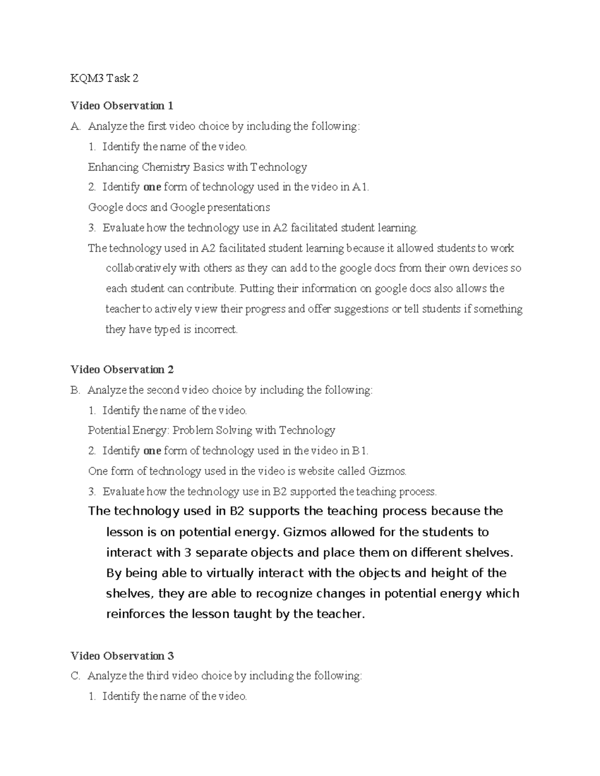 KQM3 Task 2 - task 2 complete - KQM3 Task 2 Video Observation 1 A ...