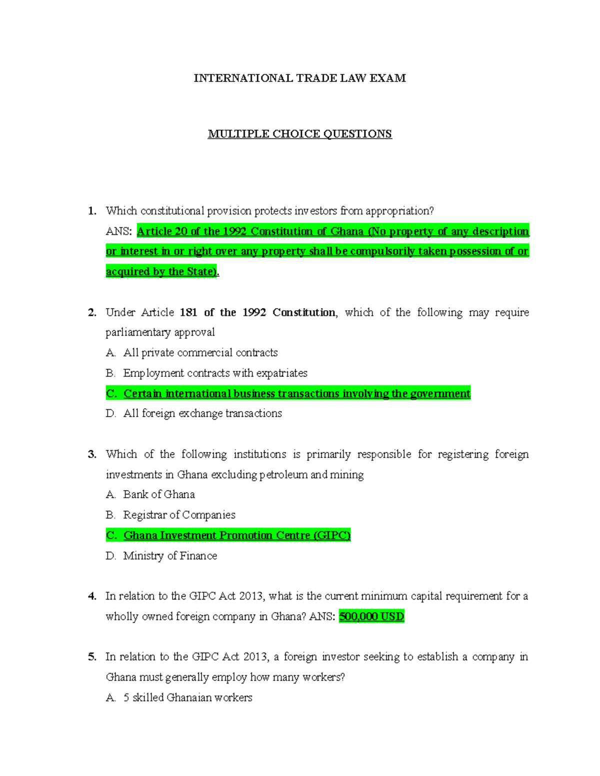 International Trade Law Exam: Key MCQs and Essay Insights - Studocu
