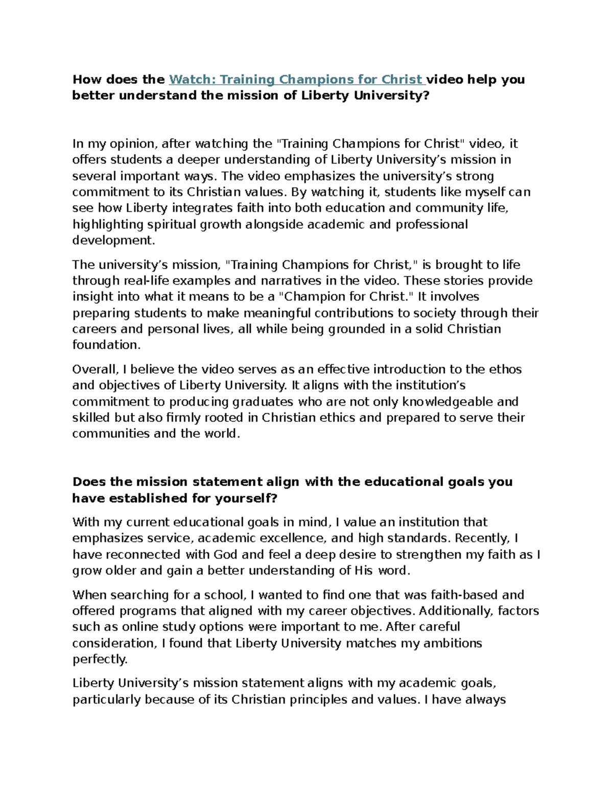Discussion on Training Champions for Christ: Insights from Liberty U ...