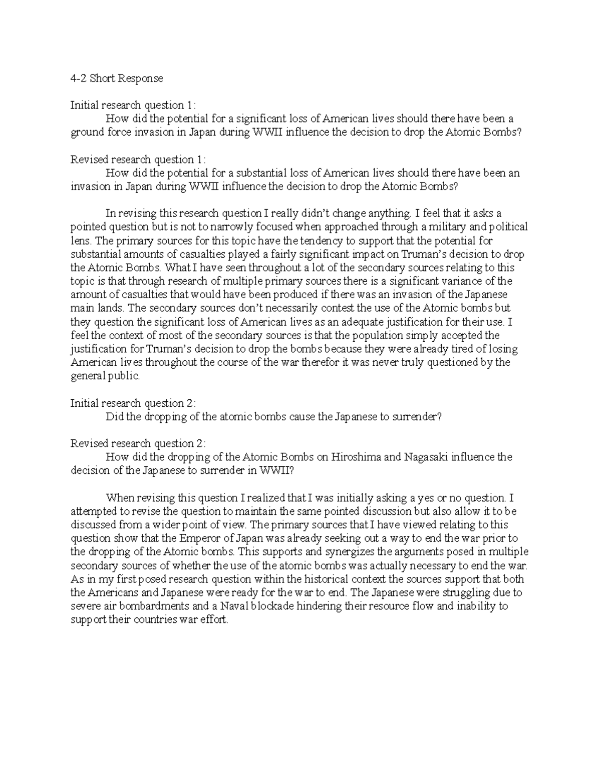 4-2 Short Response - 4-2 Short Response Initial research question 1 ...