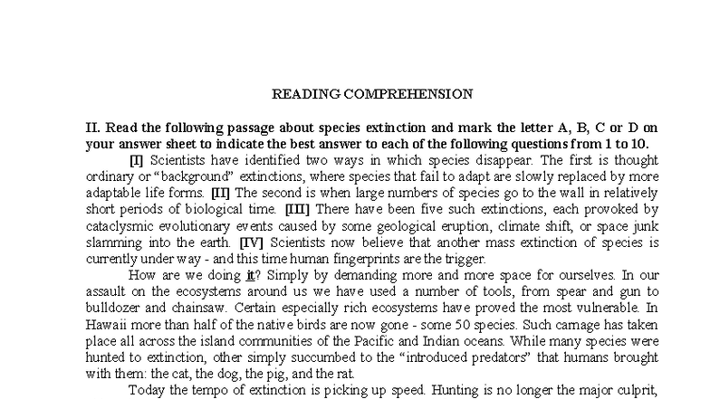 02 Reading Comprehension II: Species Extinction Insights - Studocu