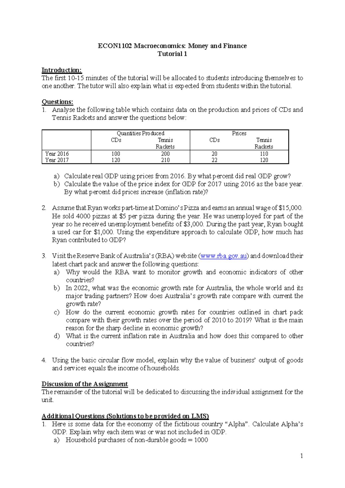 ECON1102 Tutorial 1 Questions: GDP and Economic Indicators Analysis ...