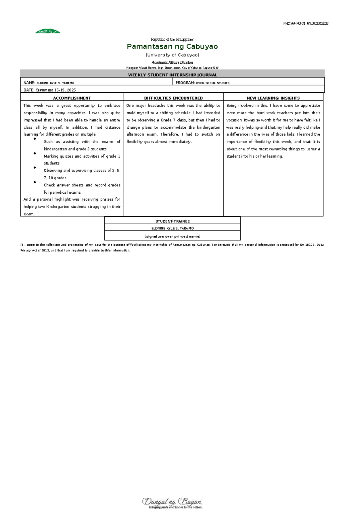 Internship Journal: Weekly Reflections by Eldrine Kyle S. Tabamo - Studocu