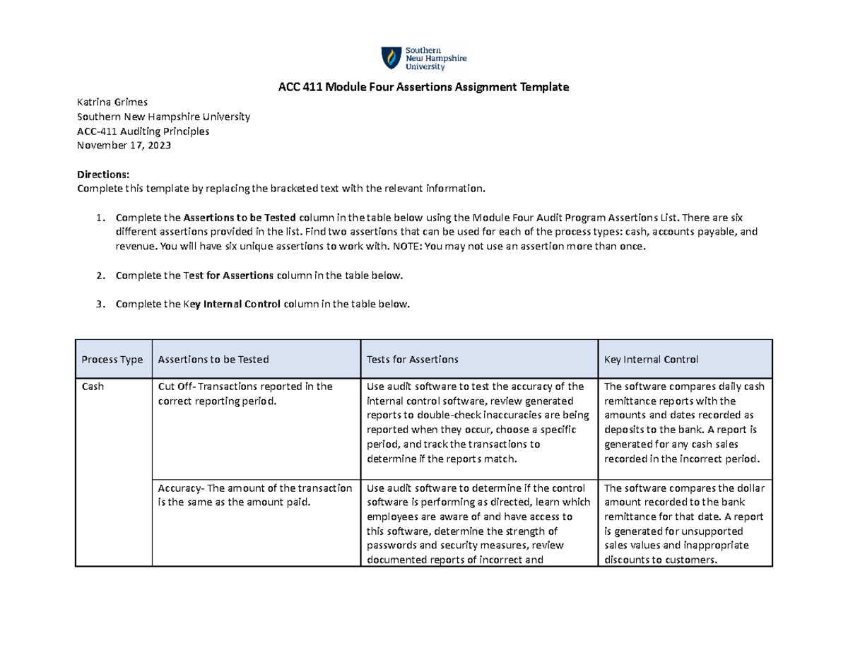 ACC 411 Module Four Assertions Assignment Guide for Auditing - Studocu