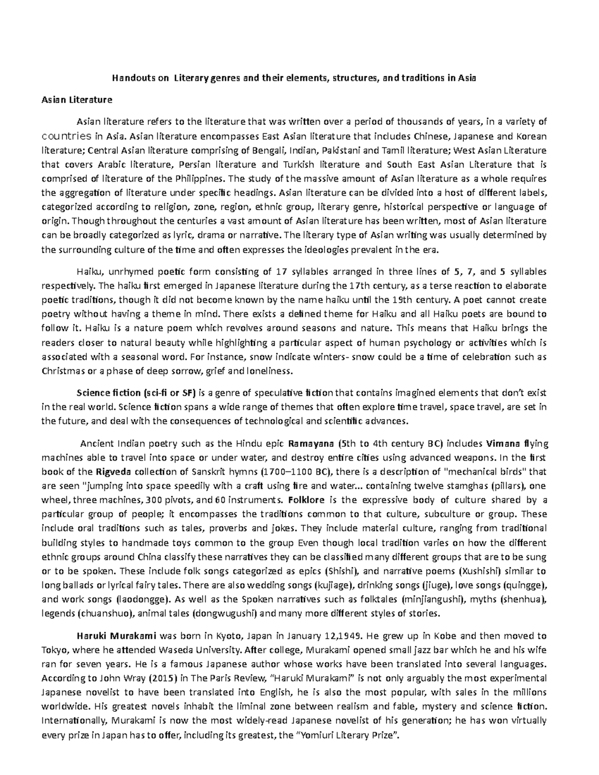 Handouts on Literary genres and their elements - Asian literature ...