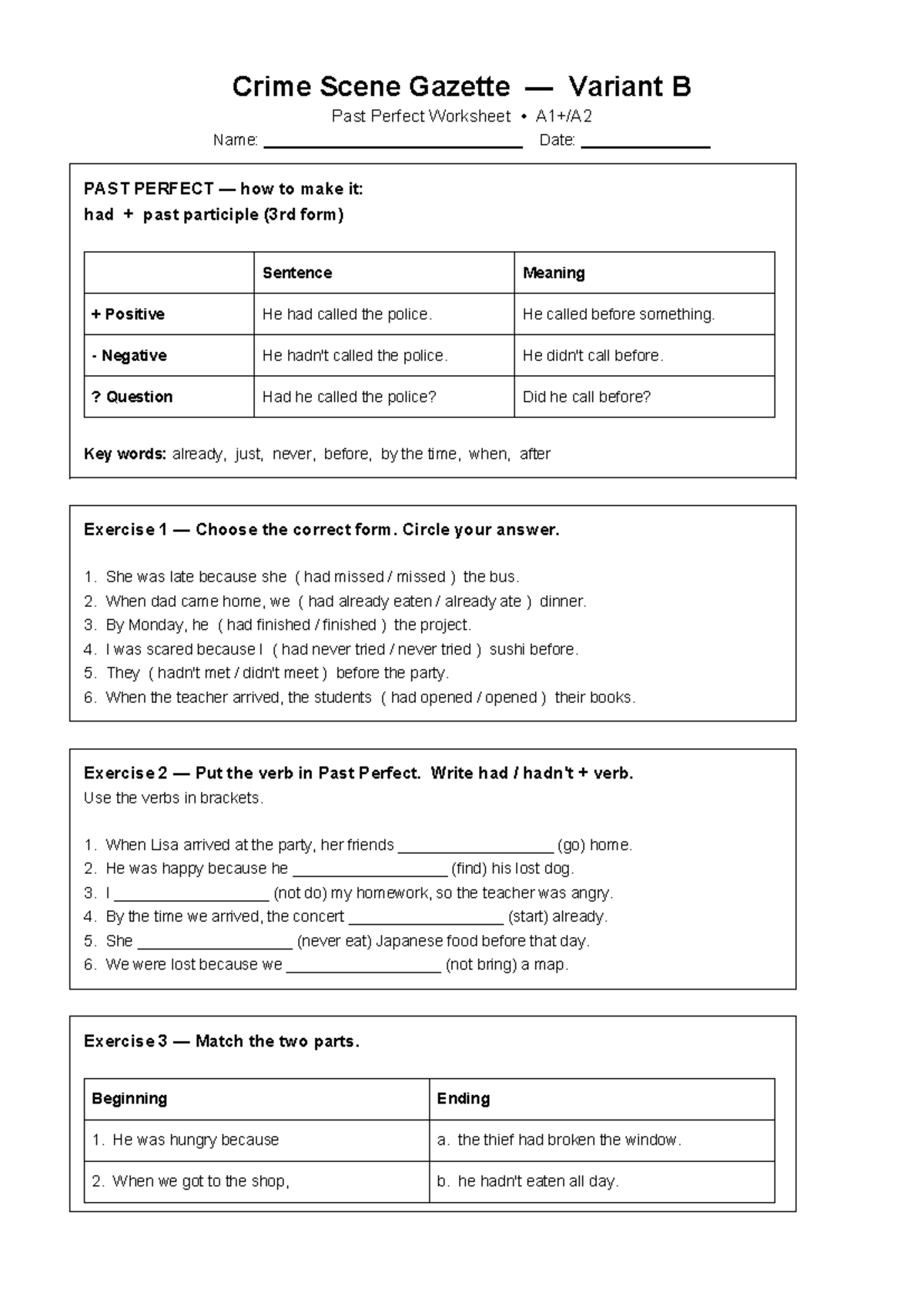Past Perfect Worksheet B: Understanding and Exercises - Studocu
