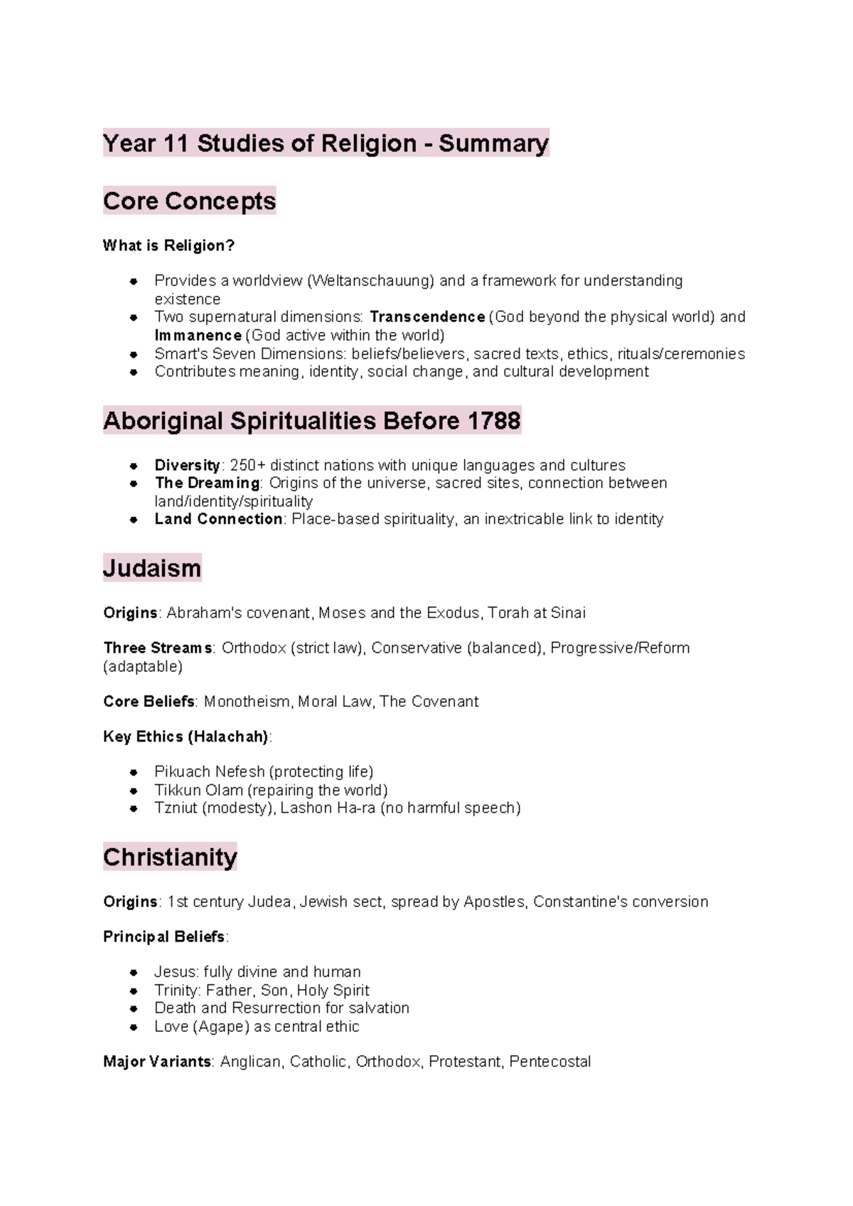 Year 11 Studies of Religion - Core Concepts Summary - Studocu