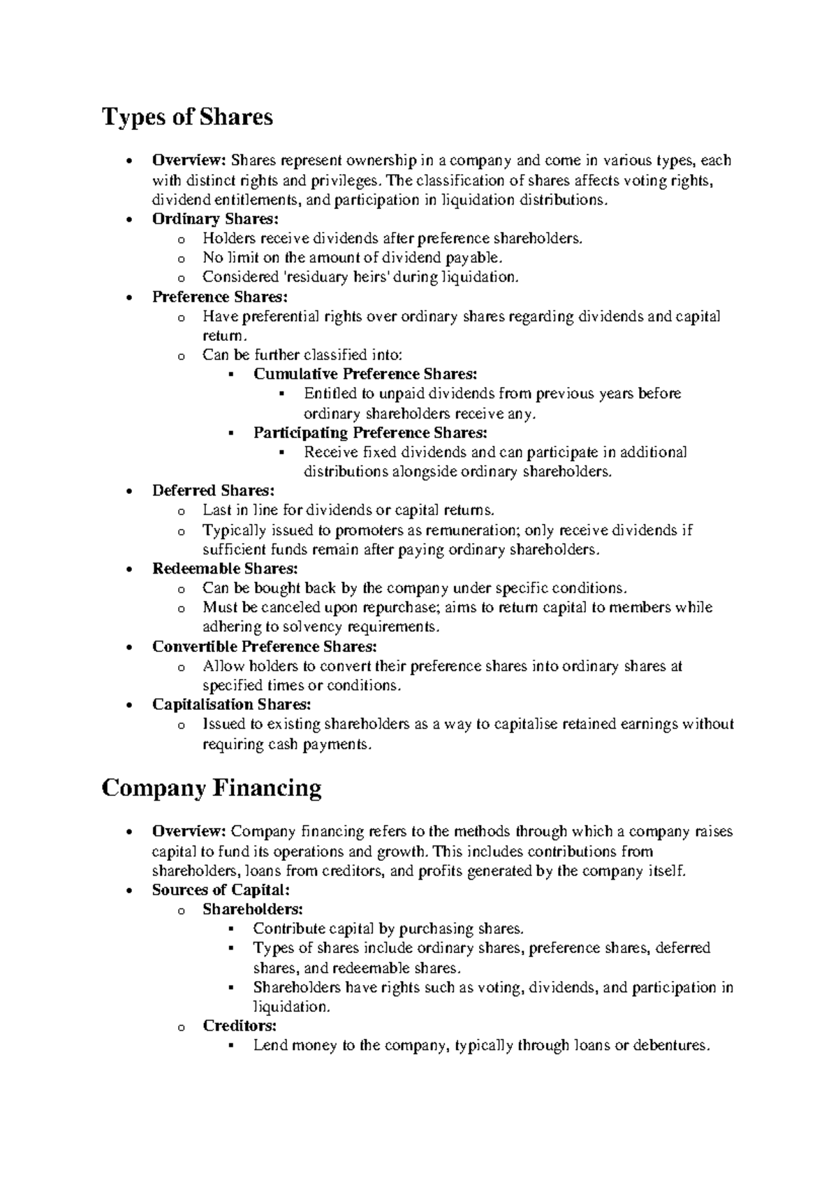 Types of Shares and Company Financing (FIN-101) - Studocu