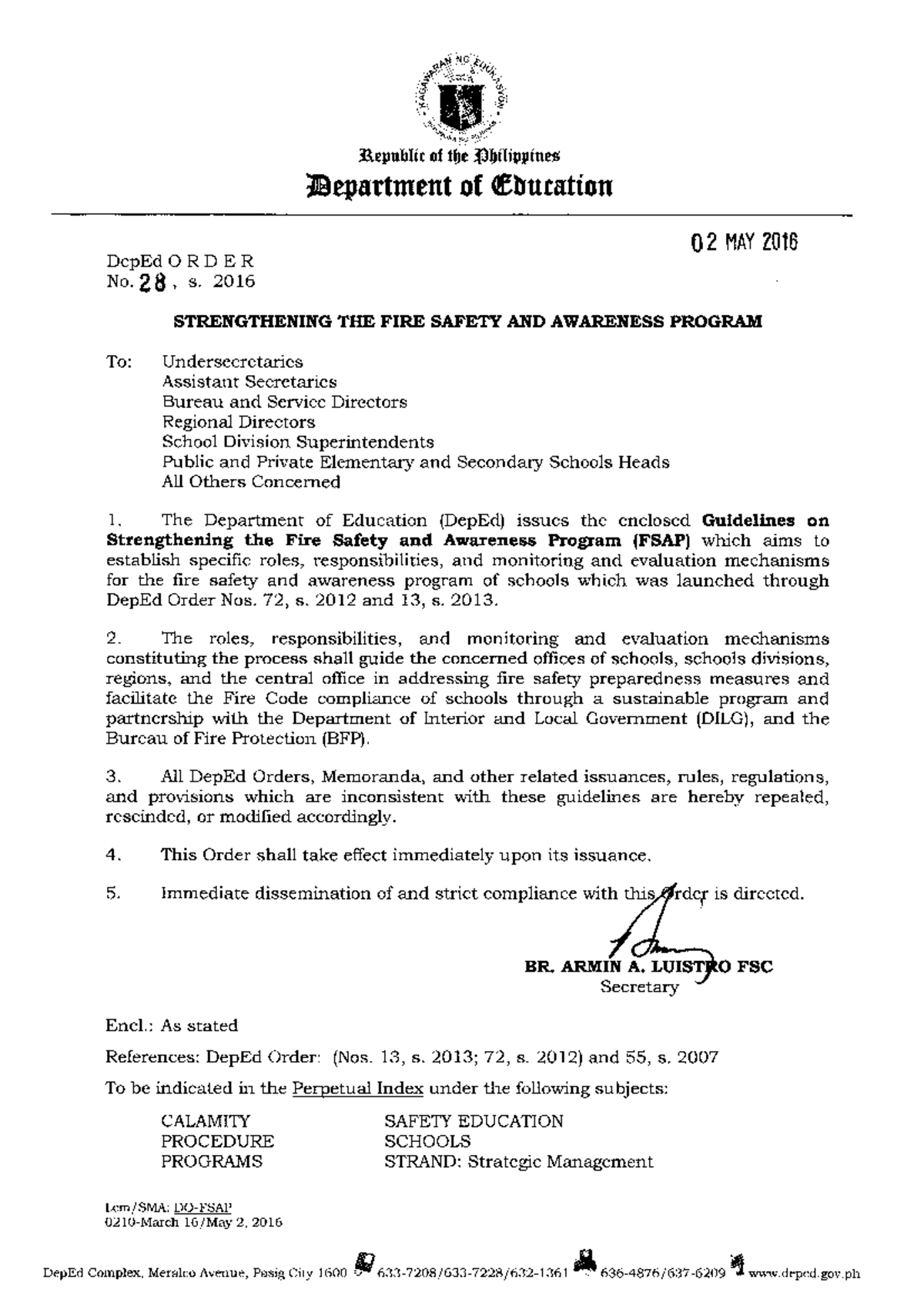 DepEd Order No. 28, S. 2016: Strengthening Fire Safety in Schools - Studocu