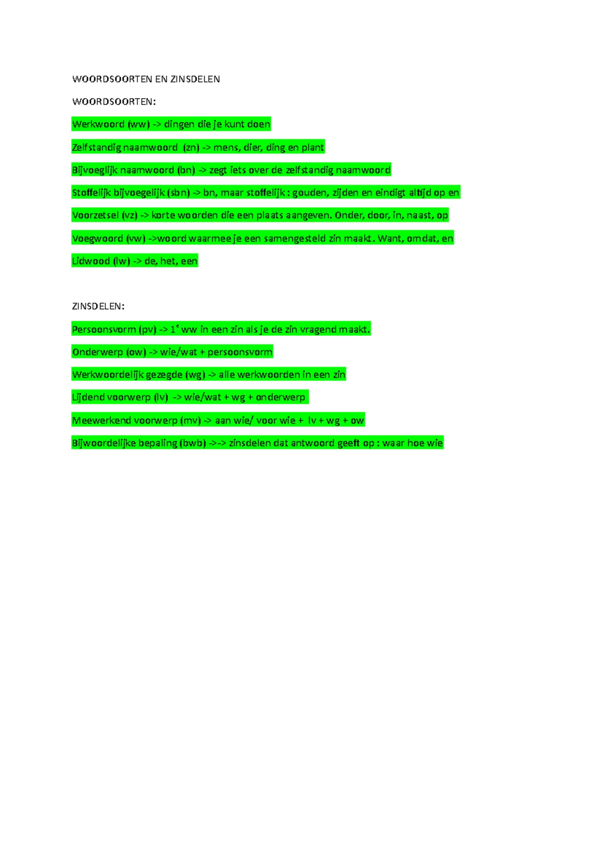 Schema woordsoorten en zinsontleding - Woordsoort Omschrijving ...