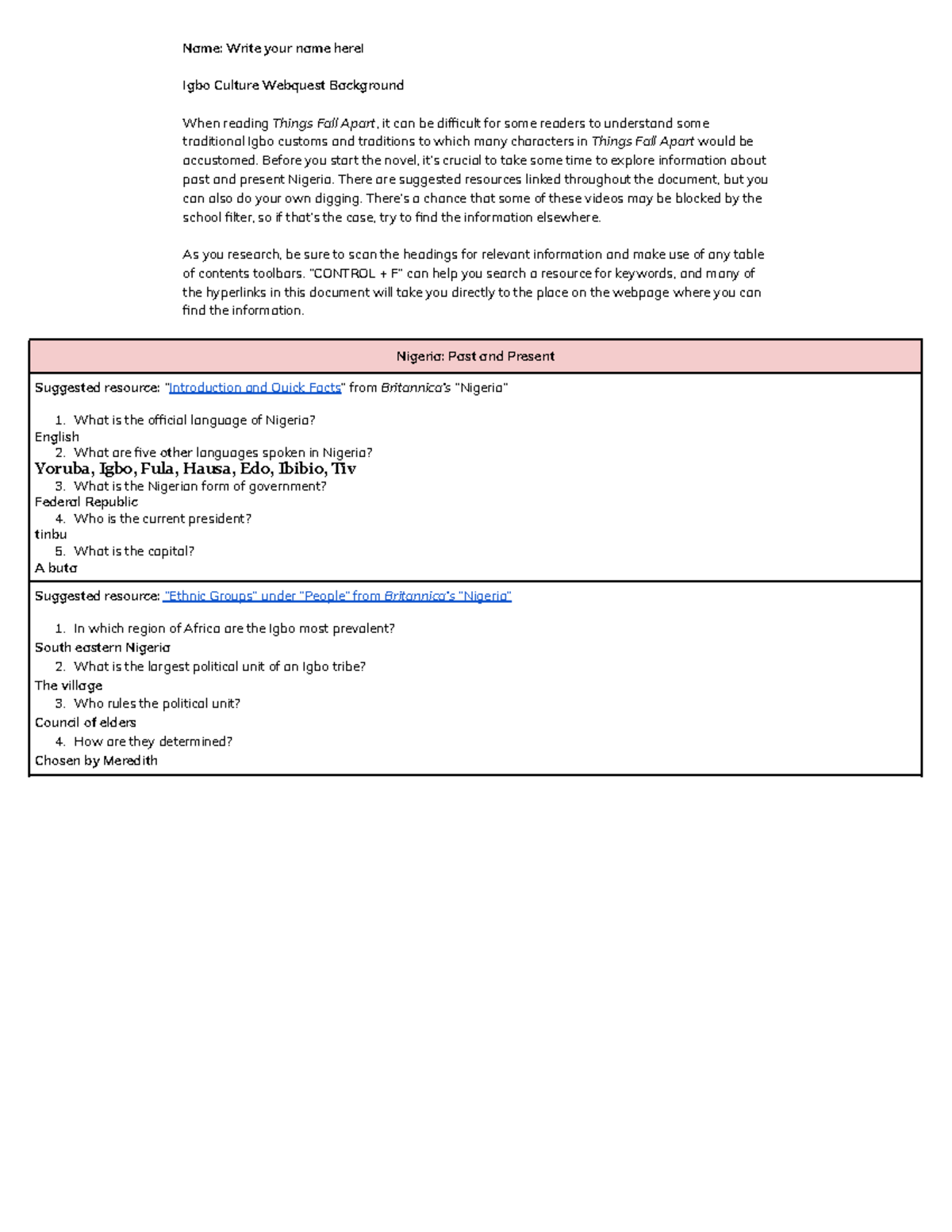 Igbo Culture Webquest: Exploring Traditions in Things Fall Apart - Studocu