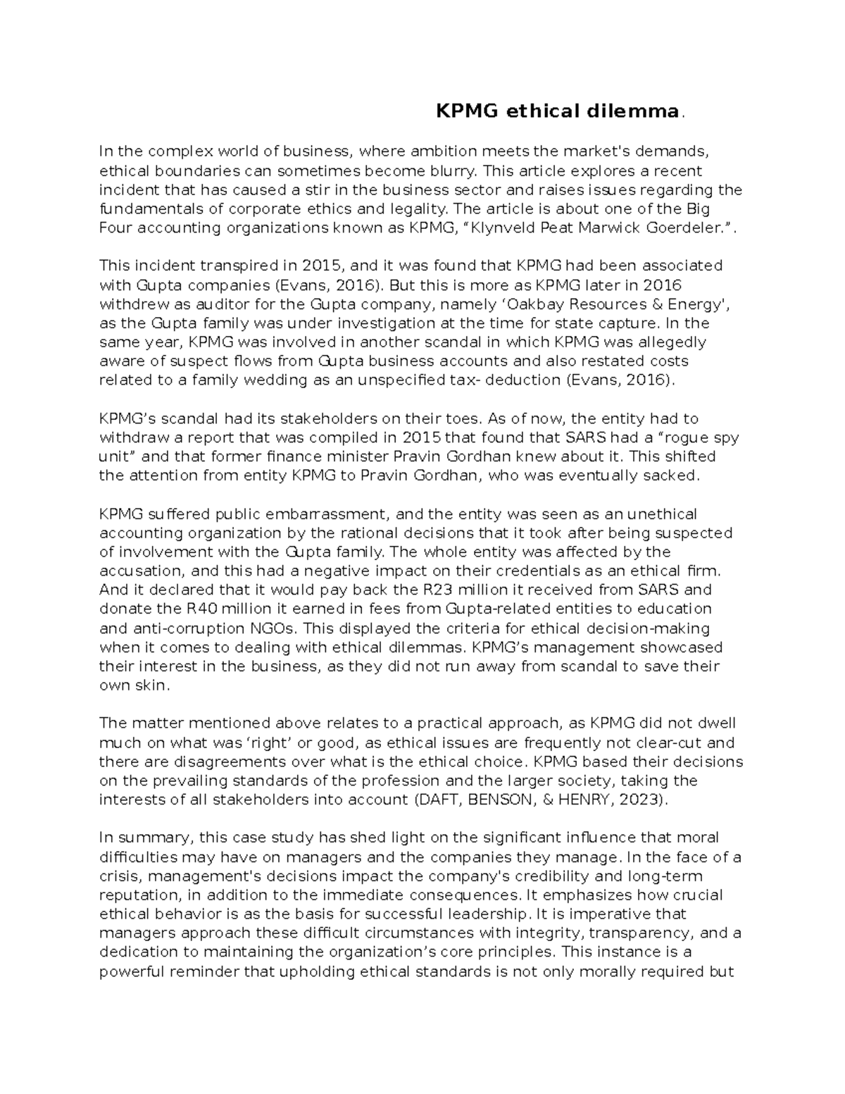 KPMG Ethical Dilemma: Corporate Ethics and Scandal Analysis Essay - Studocu