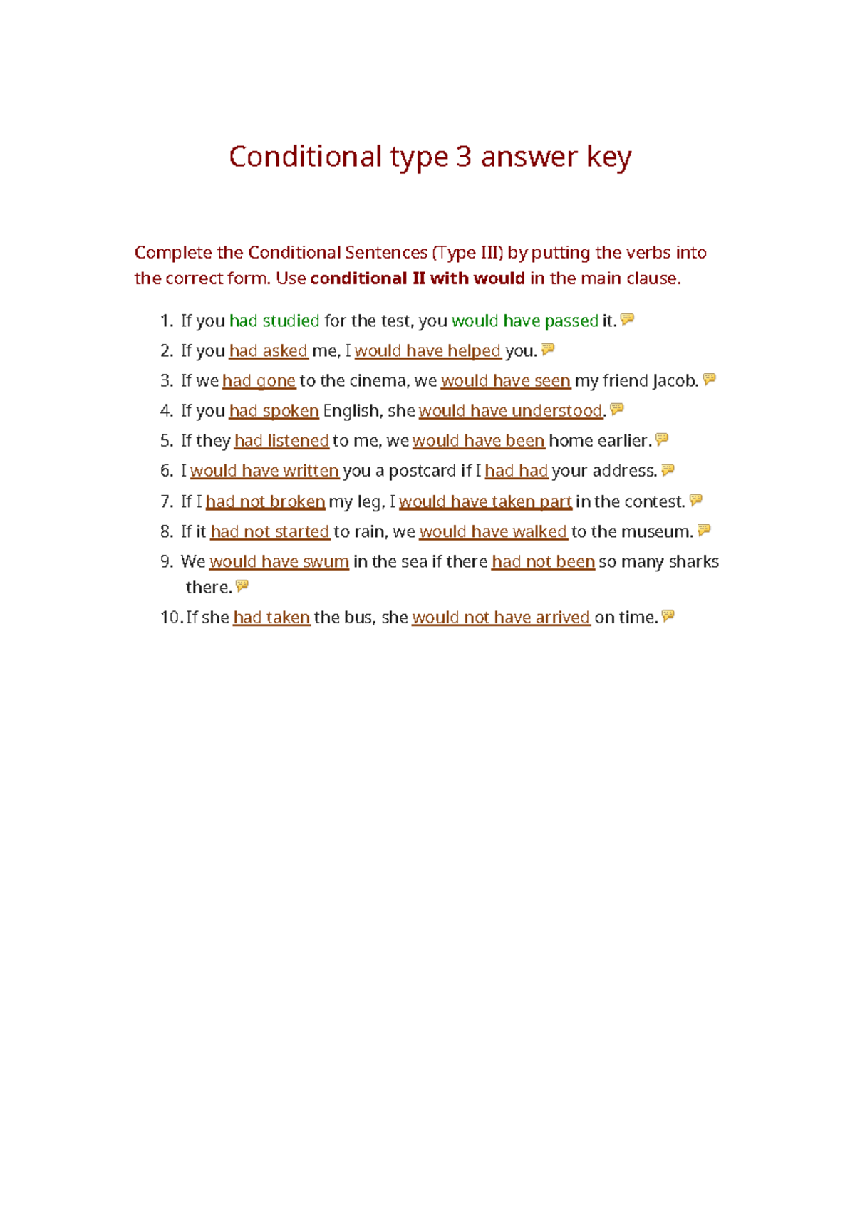Conditional Type 3 Answer Key: Complete the Sentences - Studocu