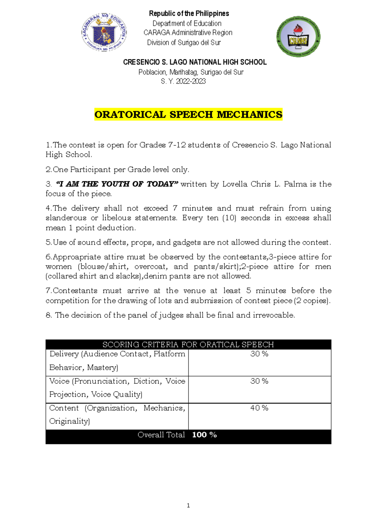 Oratorical & Extemporaneous Speech Criteria (S.Y. 2022) - Welfredo JR ...