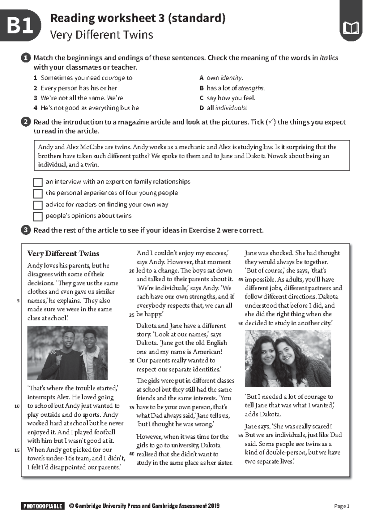 OW B1 Preliminary Reading Worksheet 3 Standard - B PHOTOCOPIABLE ...