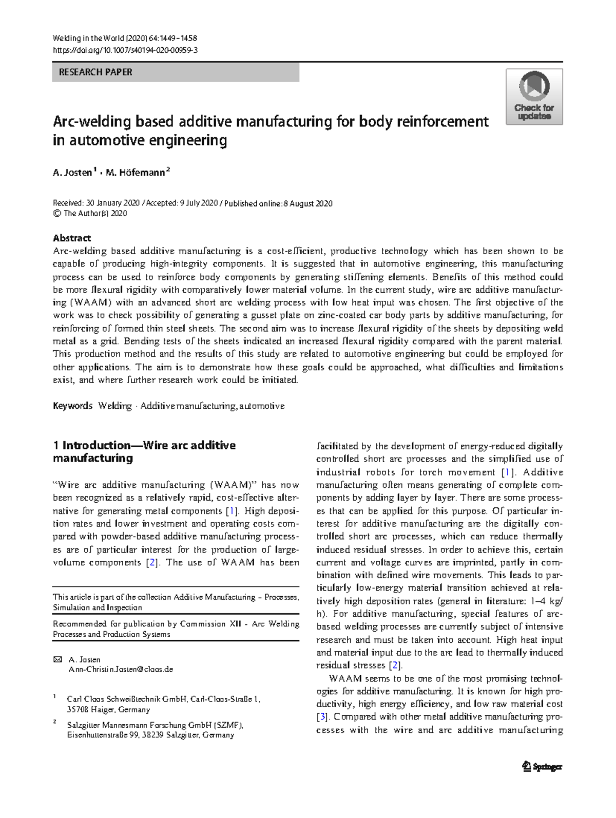 WAAM for Body Reinforcement in Automotive Engineering (2020) - Studocu